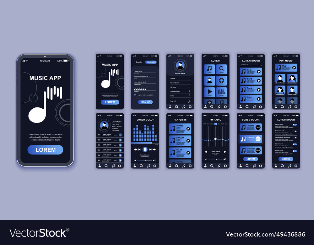Music mobile app interface screens template set Vector Image