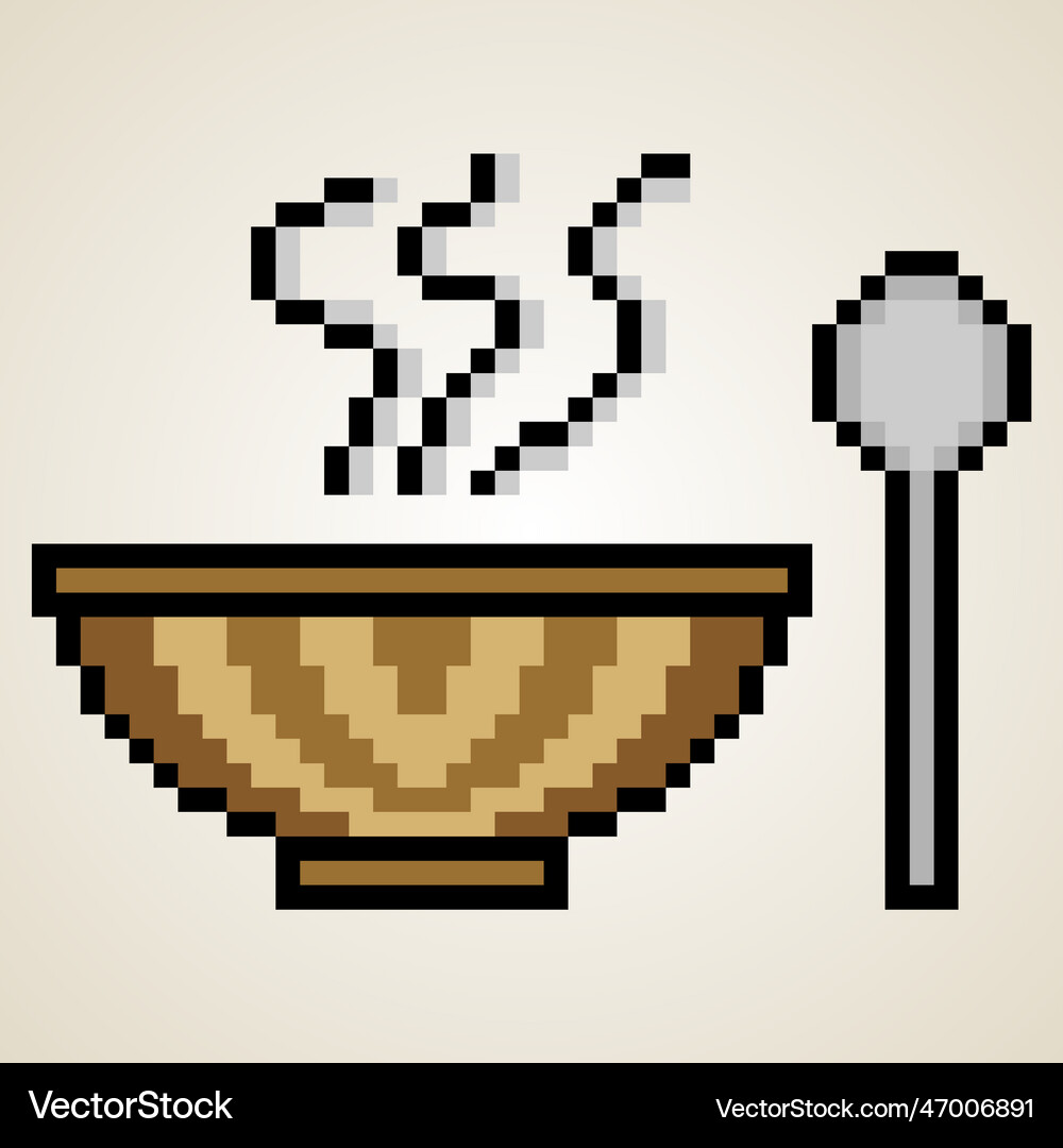Hot soup with spoon in pixel art Royalty Free Vector Image