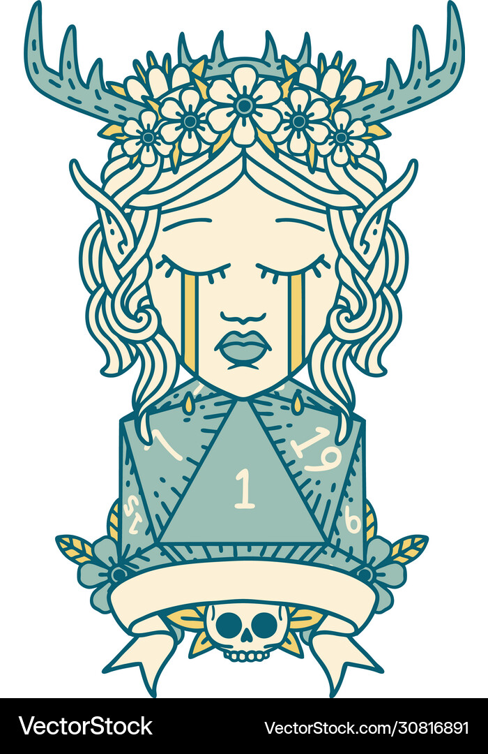 Sad elf druid character face with natural one d20 Vector Image