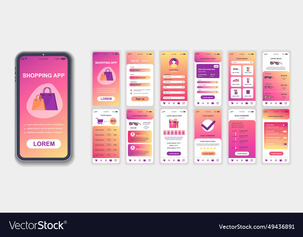 Shopping mobile app interface screens template set