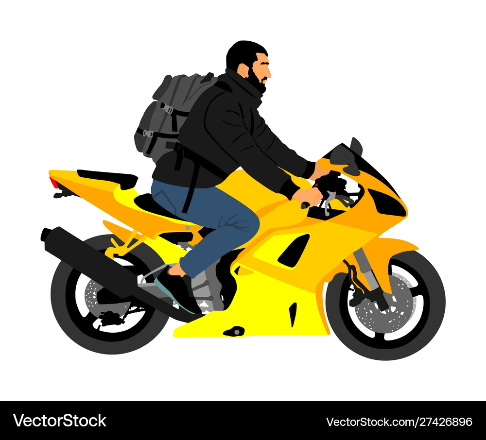 Biker driving a motorcycle rides along asphalt Vector Image