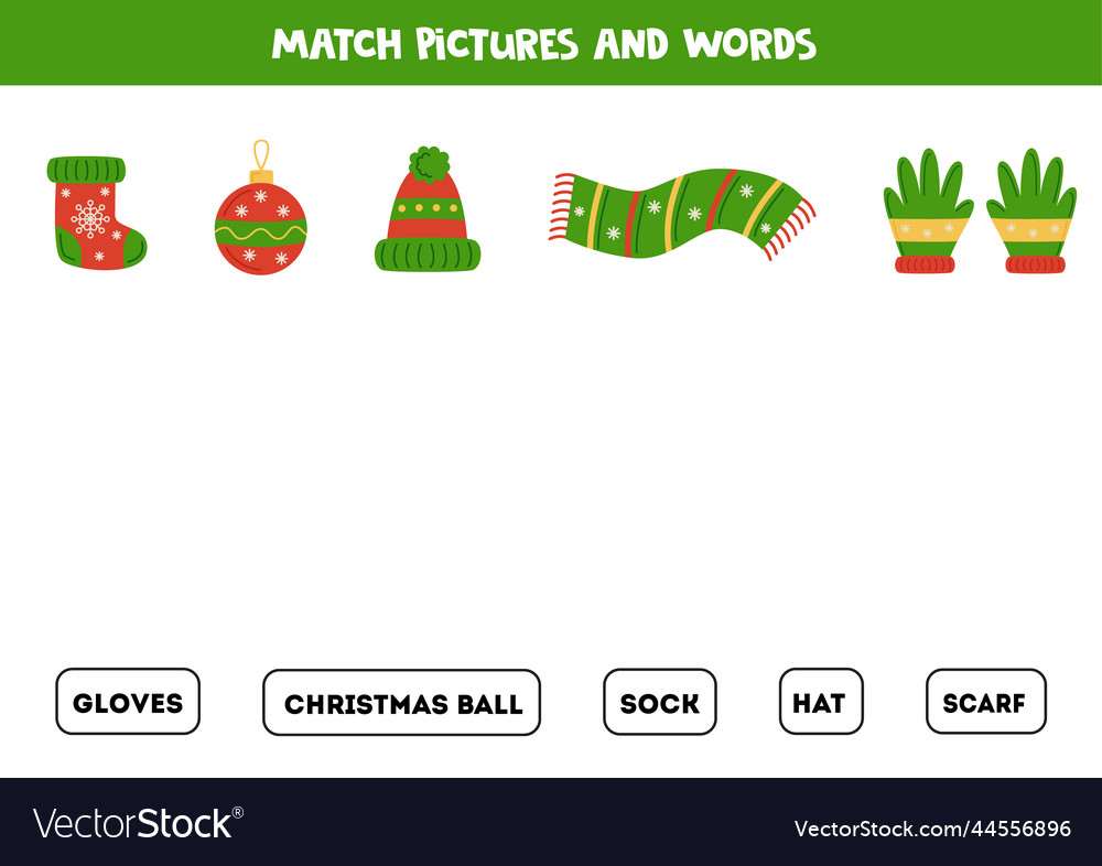 Matching game match christmas elements with words Vector Image