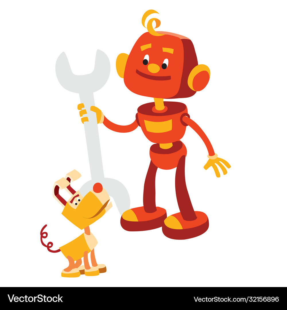 Robot with a big wrench in hand and mechanical Vector Image