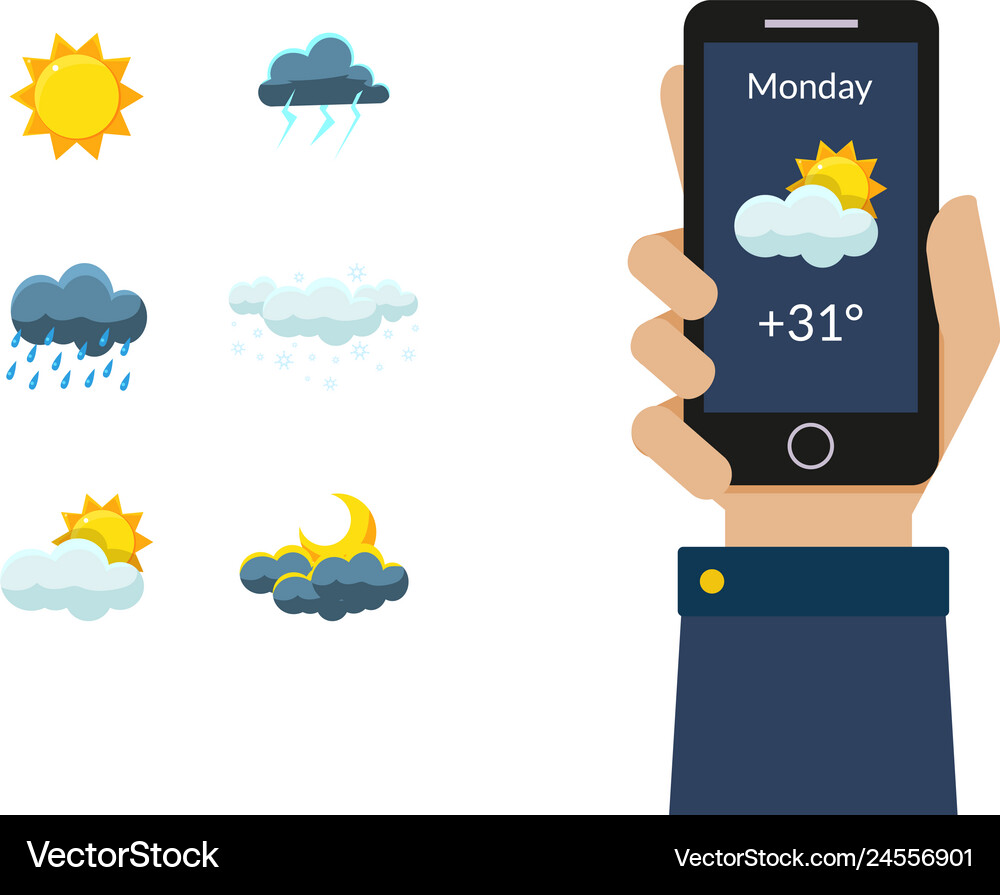 Human hand holding smartphone with weather Vector Image