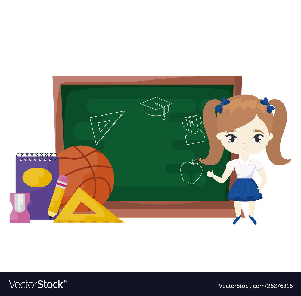 Cute little student girl with board and supplies Vector Image