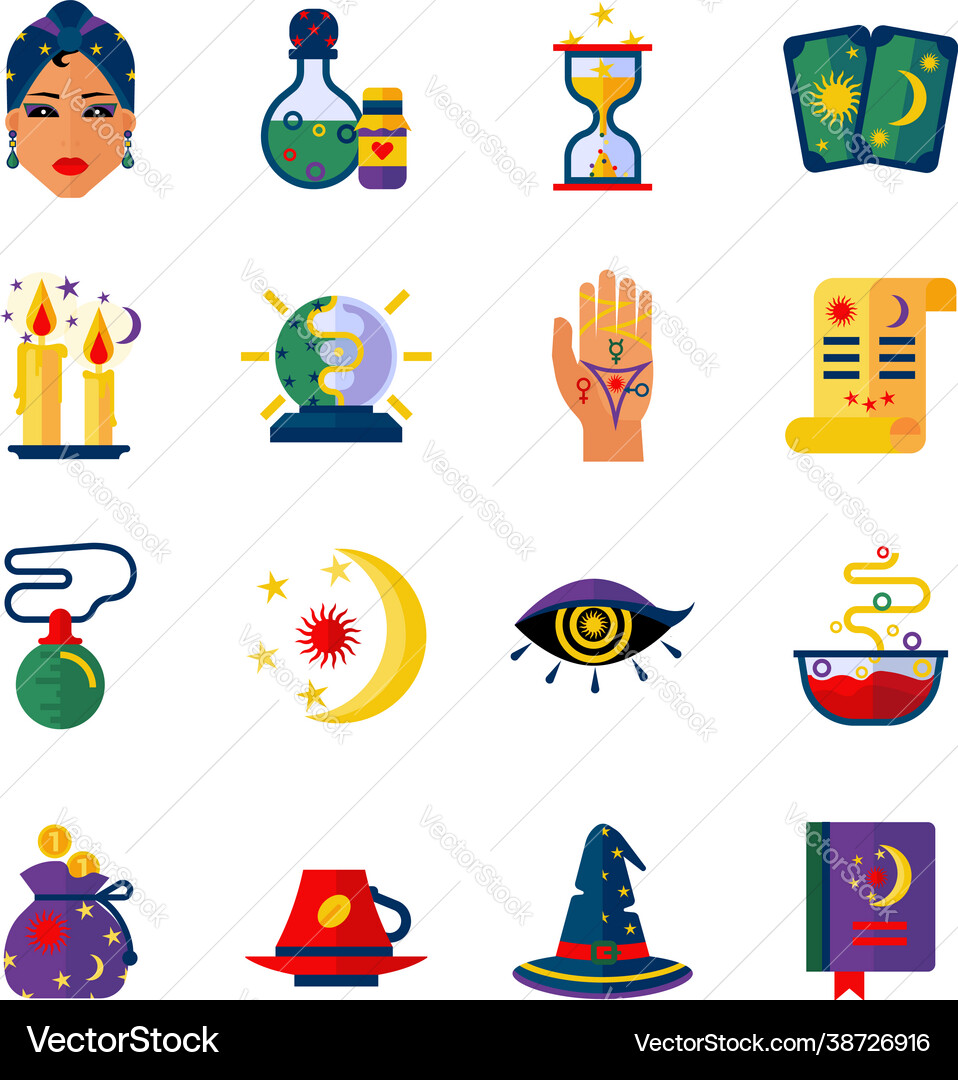 Fortune teller attributes flat icons set Vector Image
