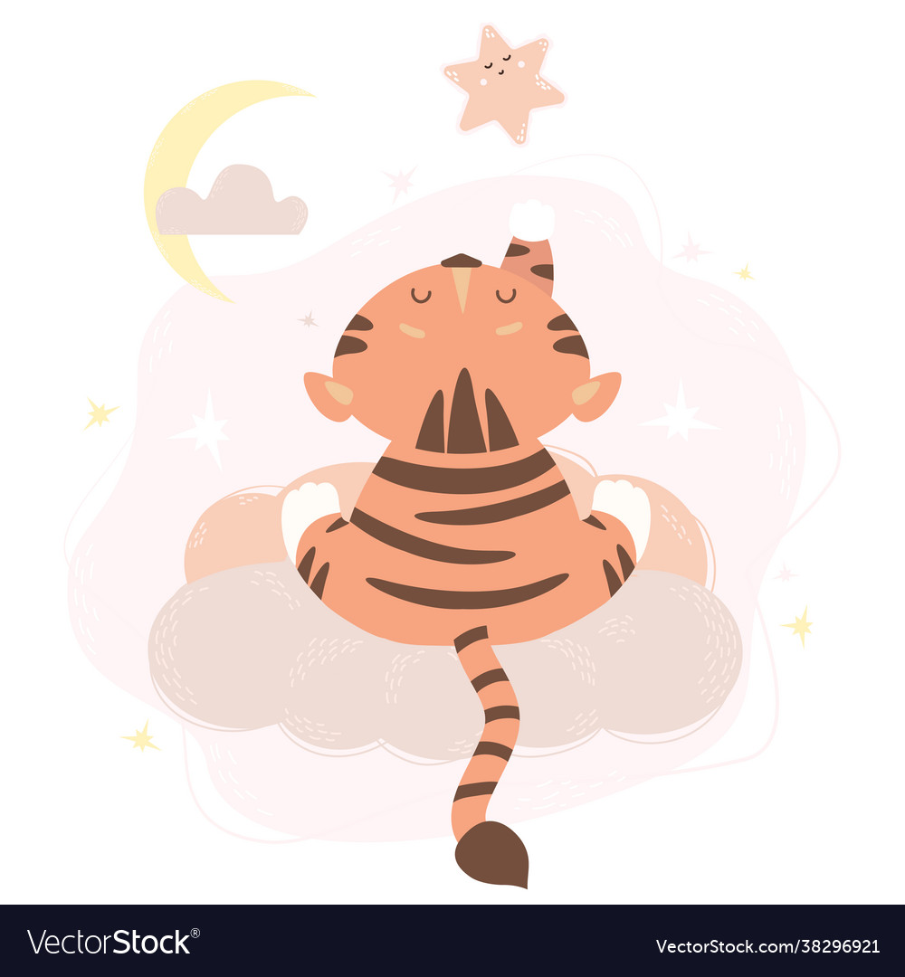 Cute tiger sits on a cloud with his back reaches Vector Image