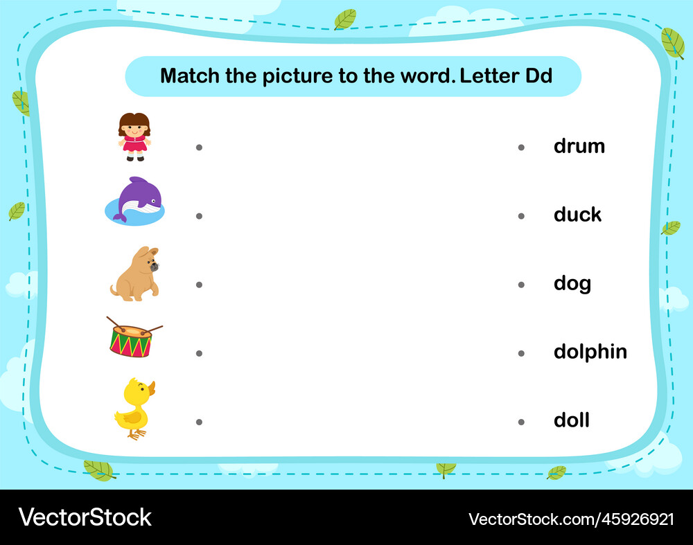 Letter D Word Matching Worksheet Royalty Free Vector Image