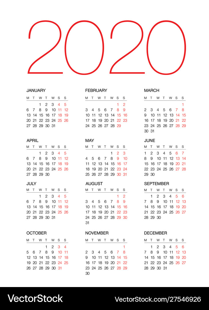 Calendar for 2020 isolated on background eps10 Vector Image