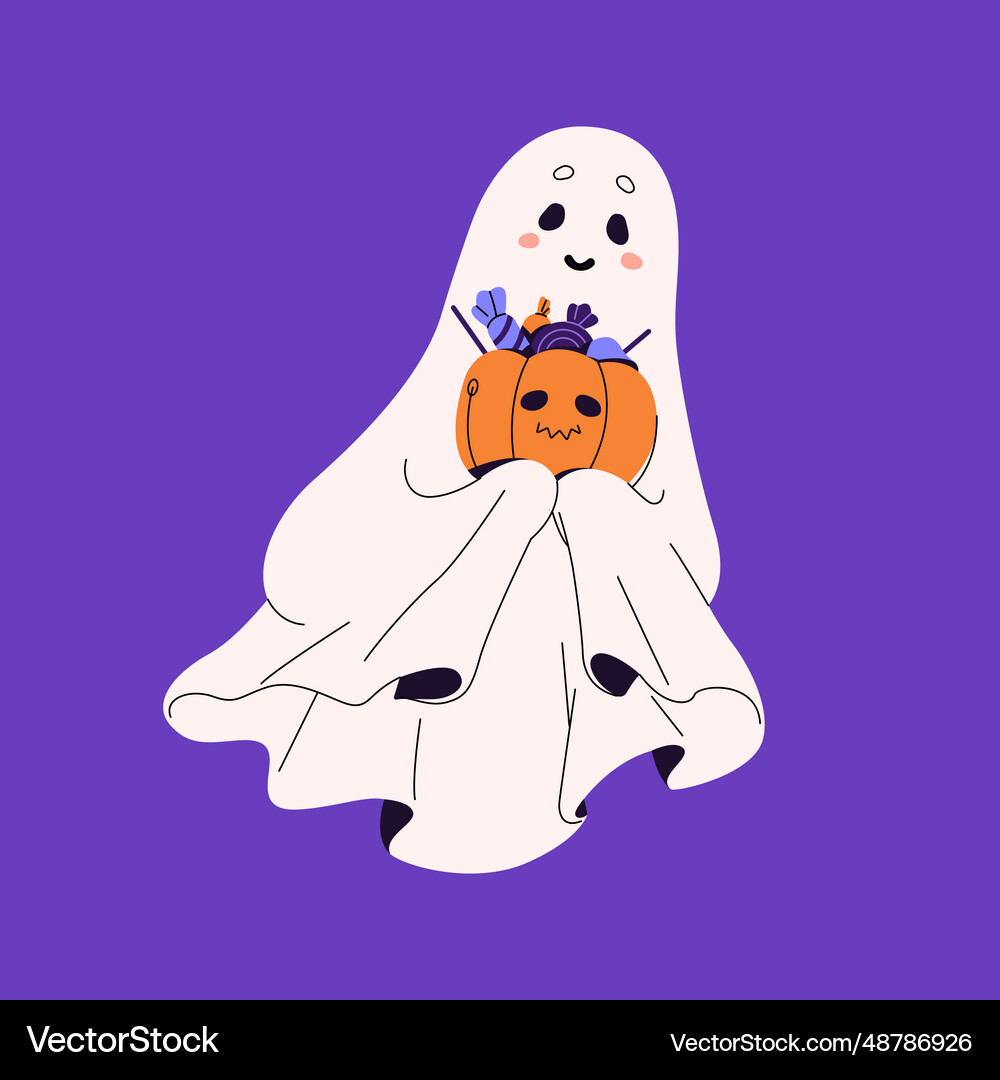 Cute ghost hold basket with sweets happy spook Vector Image