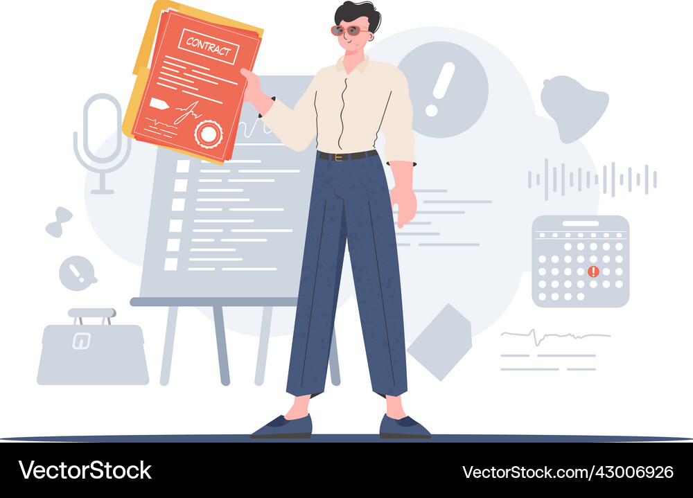 Man is holding a contract the character Royalty Free Vector