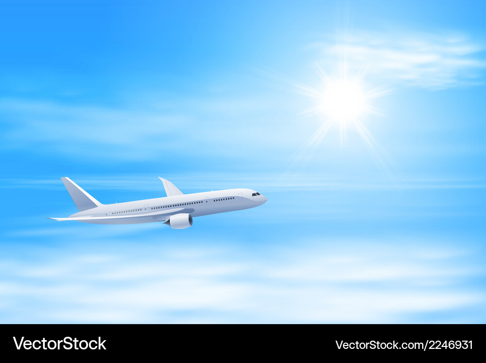 Airplane in the sky with sun Royalty Free Vector Image