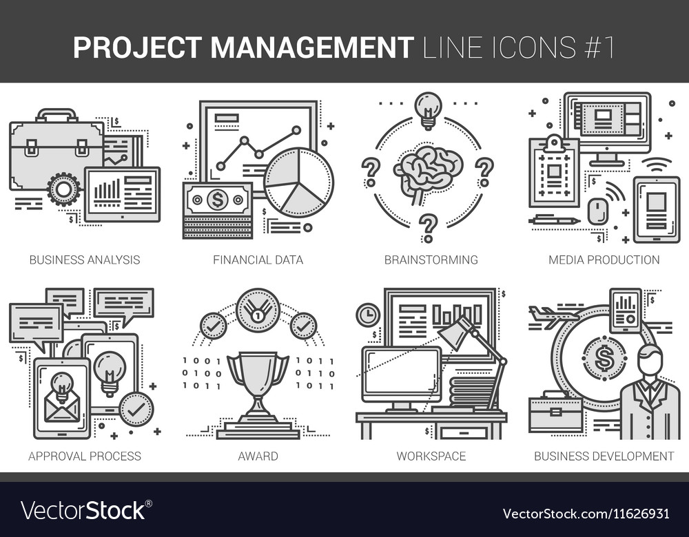 Project management line icon set Royalty Free Vector Image