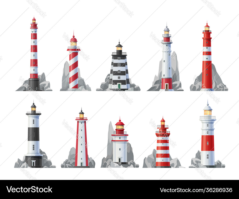 Lighthouse icons nautical towers beacon lights Vector Image