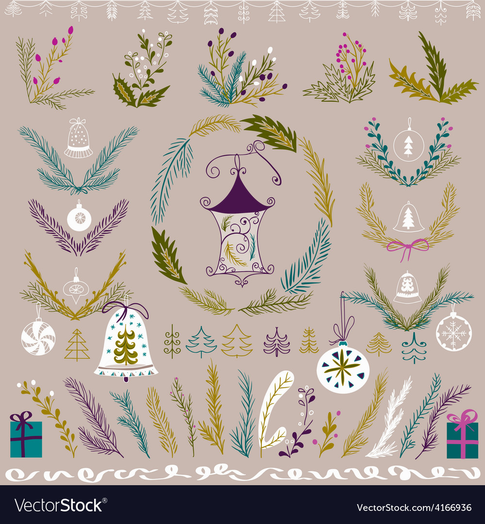 Set christmas hand drawn floral set retro Vector Image