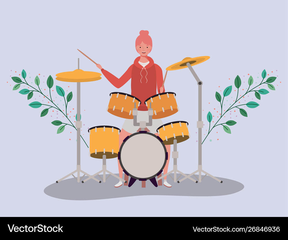 Woman playing battery drums character Royalty Free Vector