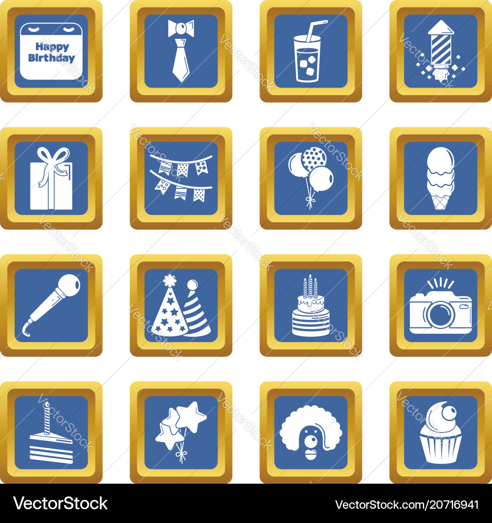 Happy birthday icons set blue square Royalty Free Vector