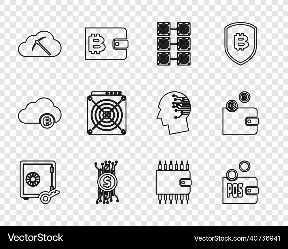 Set line proof of stake mining farm Royalty Free Vector