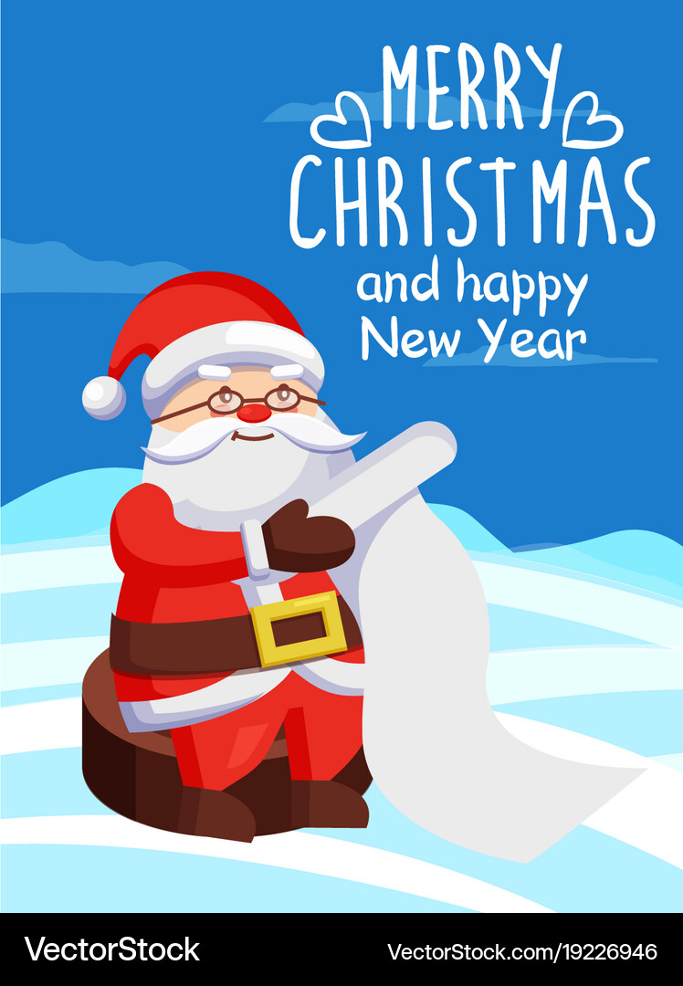 Father christmas with paper scroll on snow Vector Image