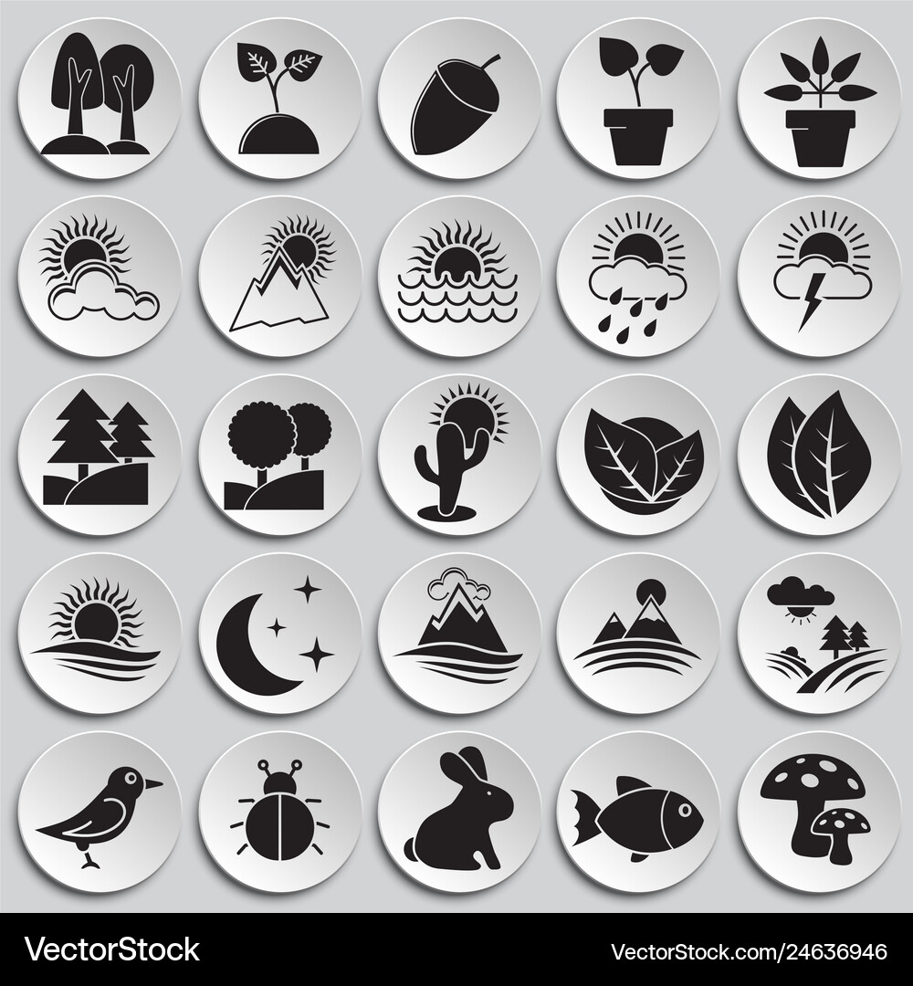 Nature related icons set on plates background Vector Image