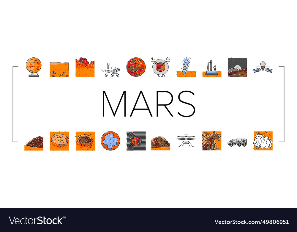 Mars planet space astronomy icons set Royalty Free Vector
