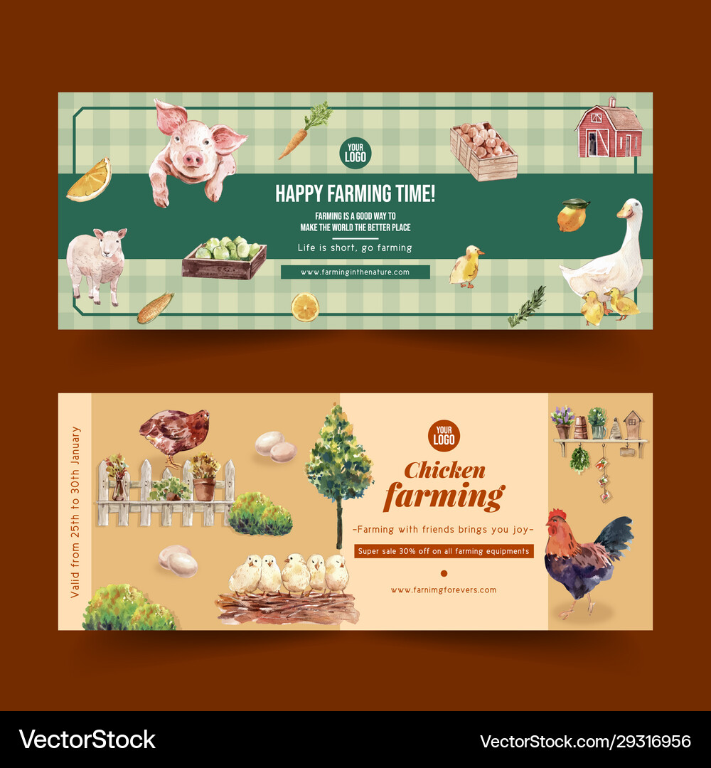 Farmer banner design with duck pig tree Royalty Free Vector