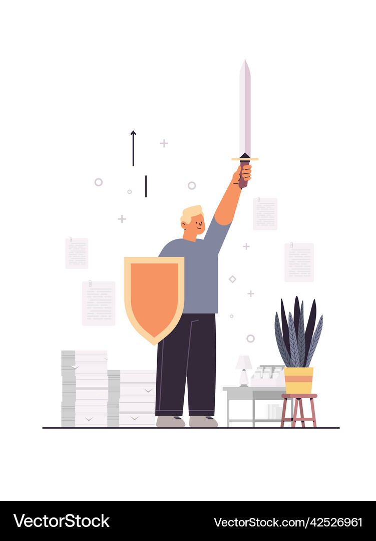 Businessman holding sword and shield Royalty Free Vector
