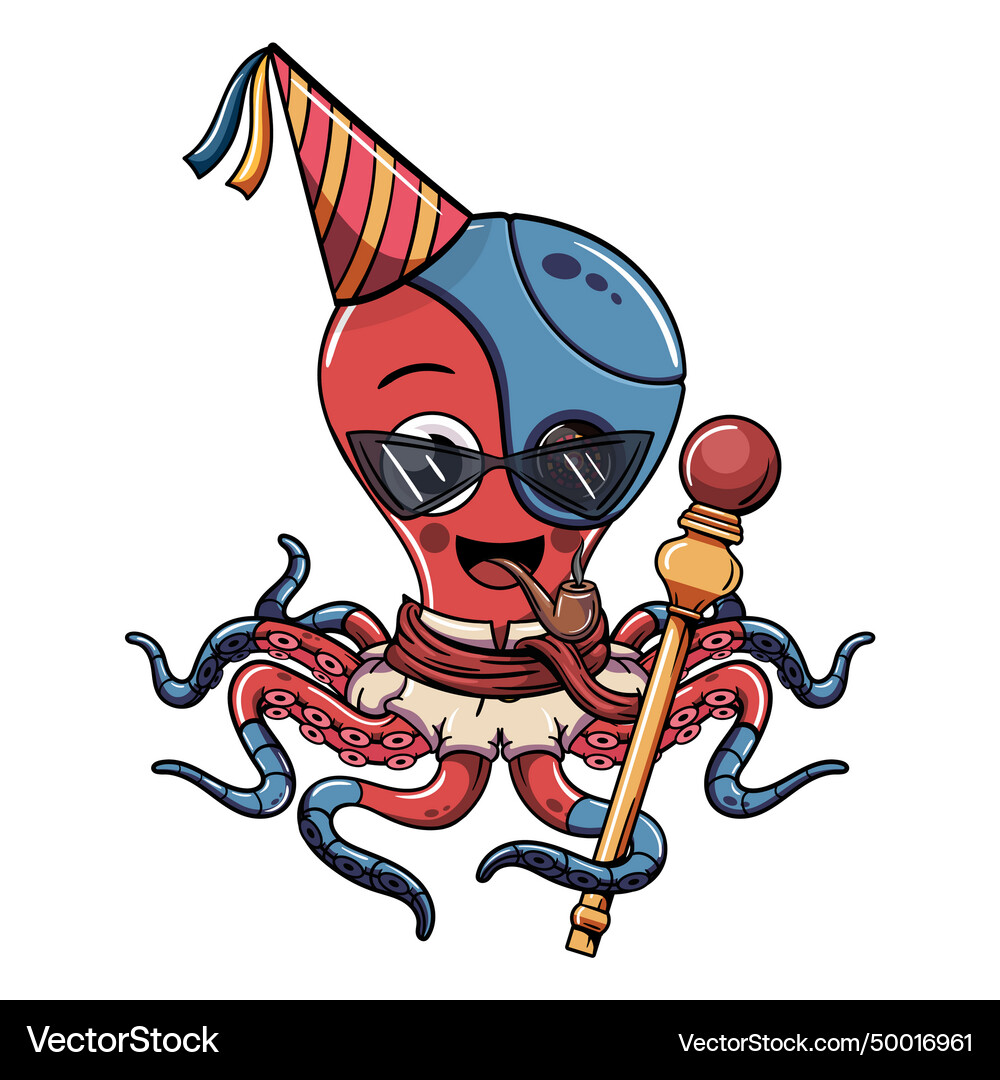 Cartoon cyborg octopus character celebrating with Vector Image