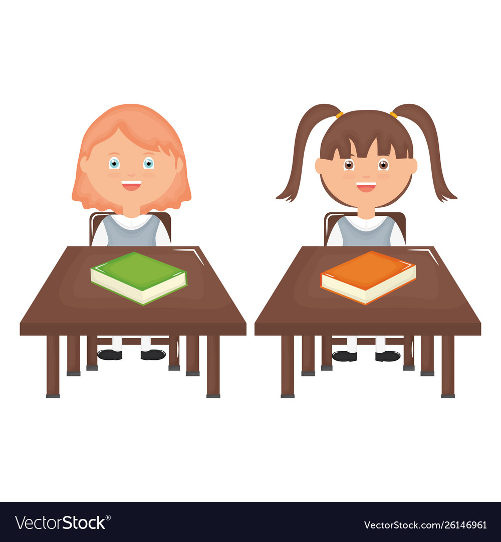 Cute little students girls seated in schooldesks Vector Image