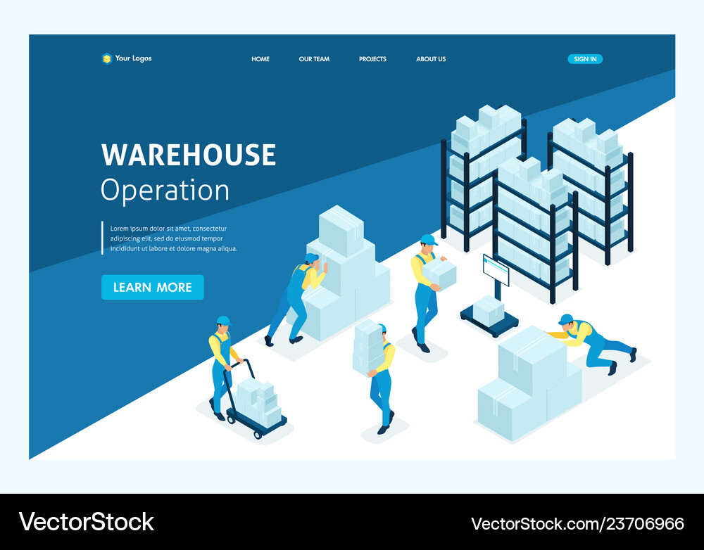 Isometric landing page large warehouses Royalty Free Vector