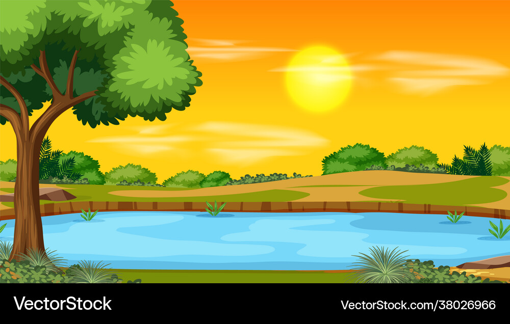 Landscape scene forest with river and sun Vector Image