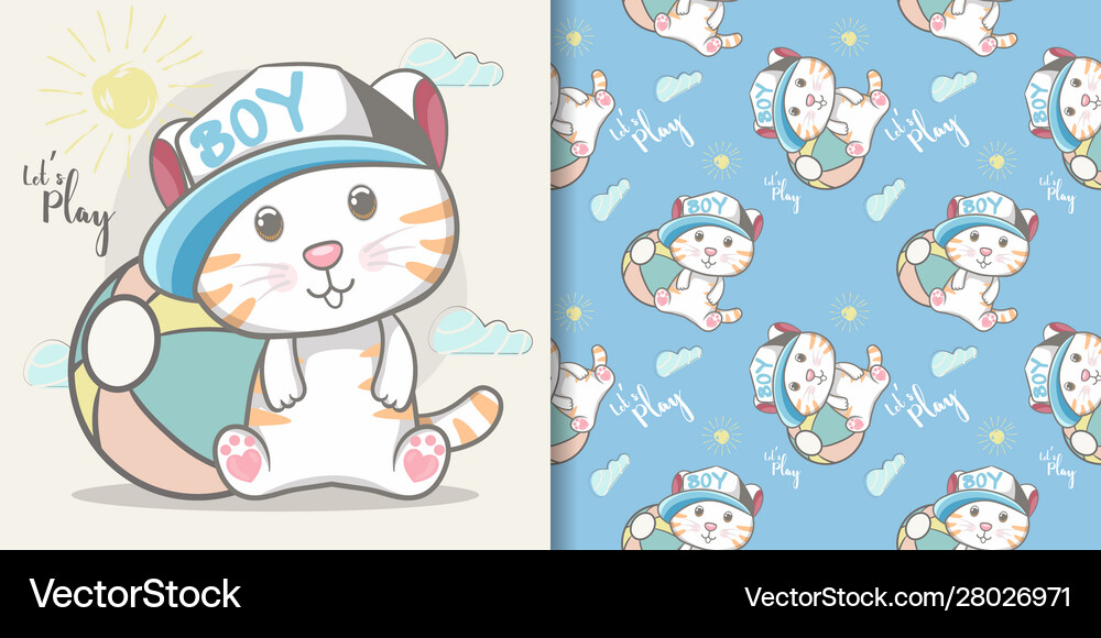 Cute baby cat boy with pattern set Royalty Free Vector Image