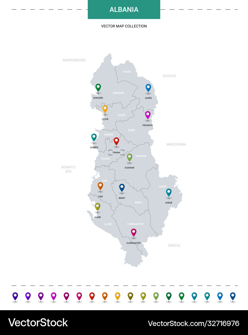 Albania map with location pointer marks Royalty Free Vector