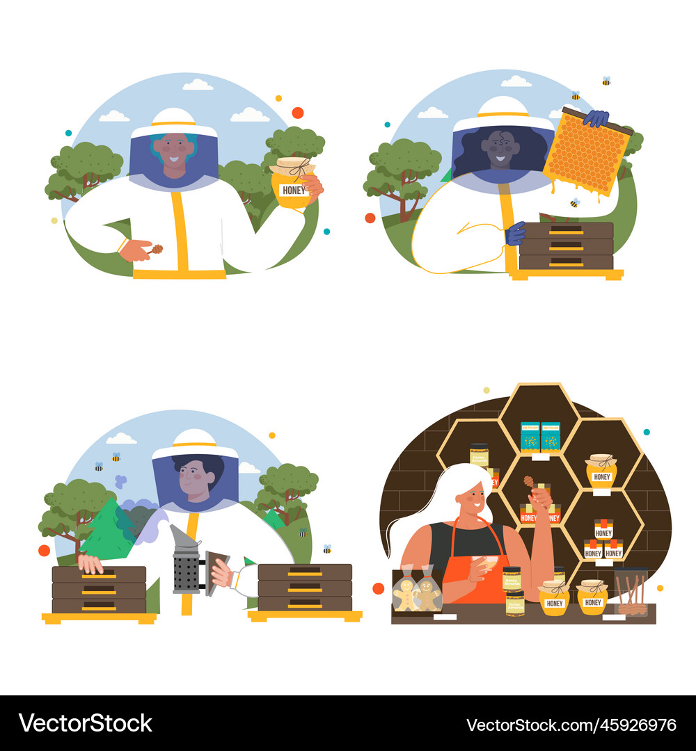Beekeepers working at honey production farm Vector Image