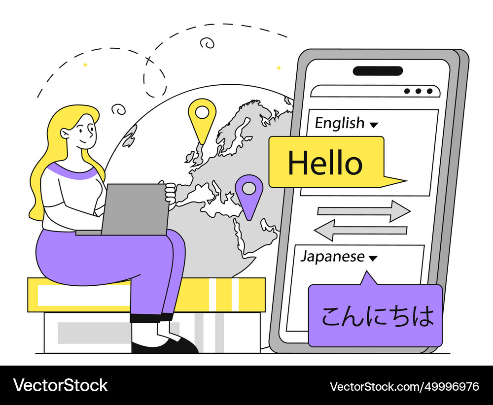 Woman with online translator linear Royalty Free Vector