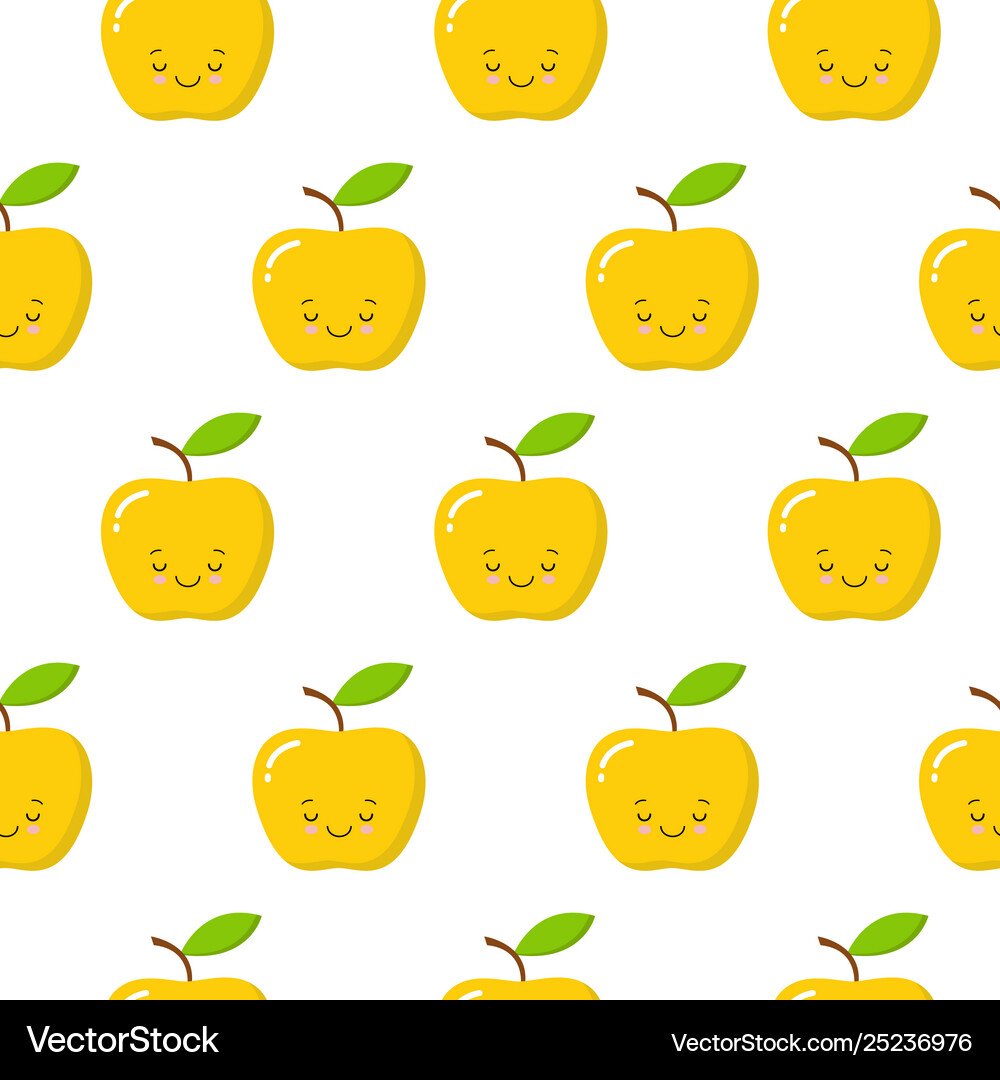 Yellow cute kawaii apple seamless pattern Vector Image