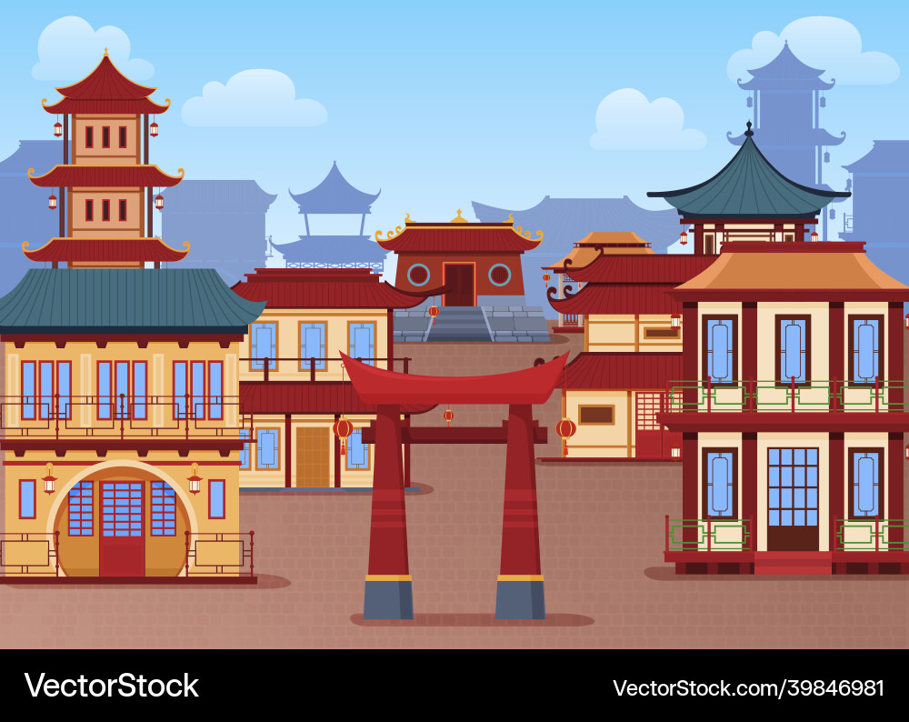 Panorama traditional asian town flat Royalty Free Vector