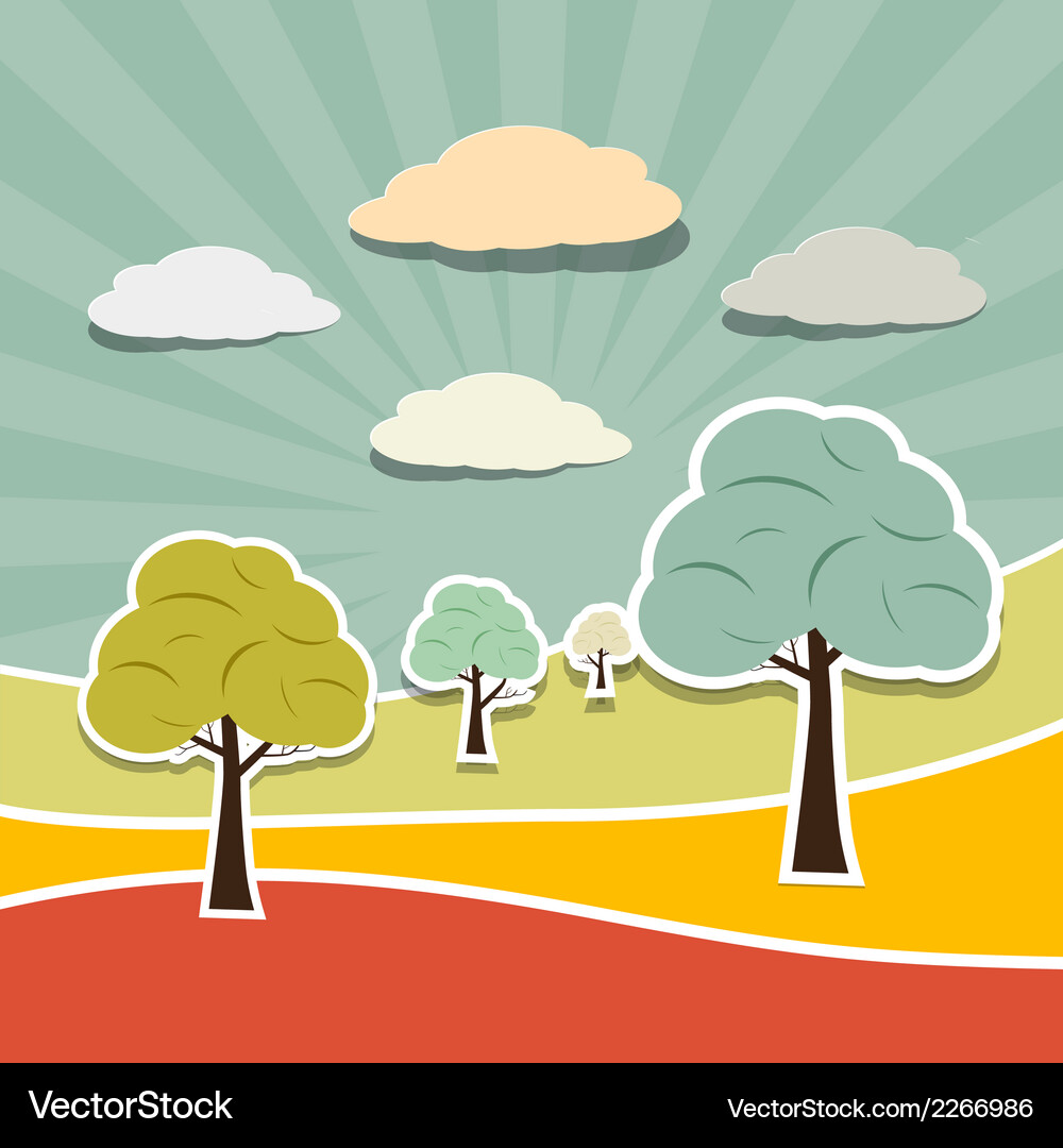 Retro rural paper landscape background with trees Vector Image