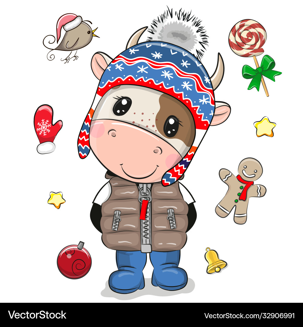 Cartoon bull boy in a knitted hat Royalty Free Vector Image