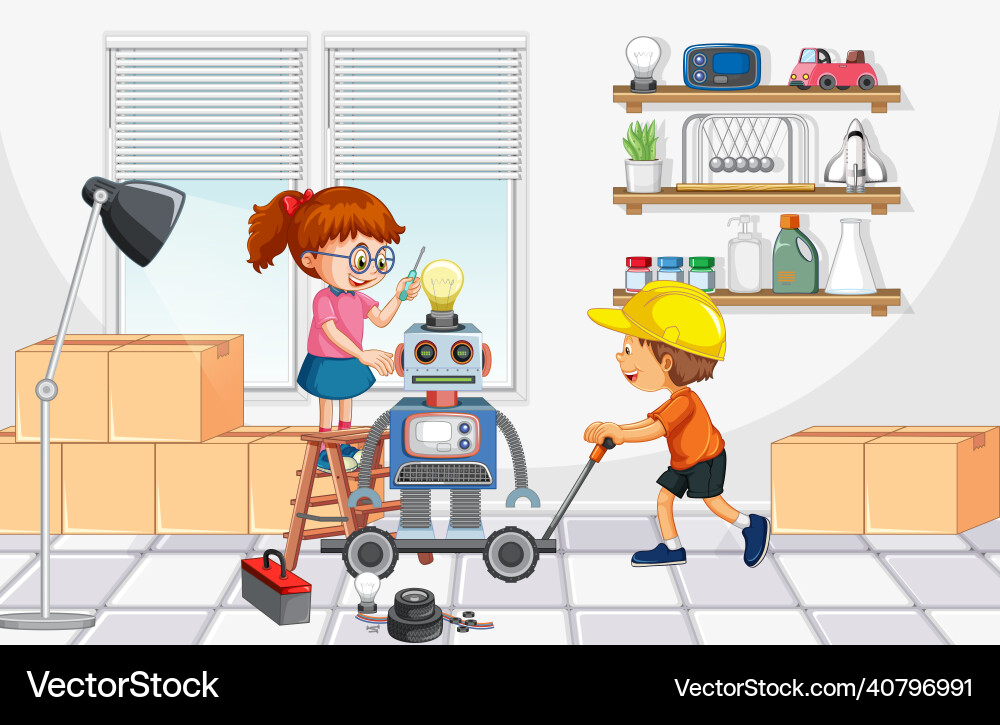 Children fixing a robot together on white Vector Image