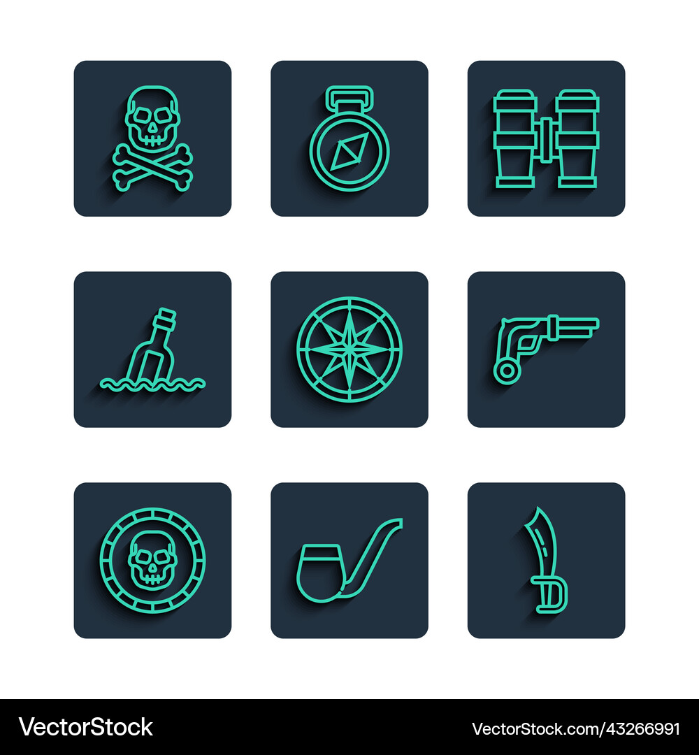 Set line pirate coin smoking pipe sword Royalty Free Vector