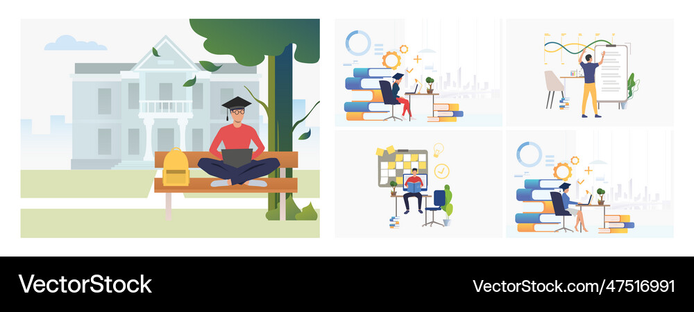 Set of employees and students studying Royalty Free Vector