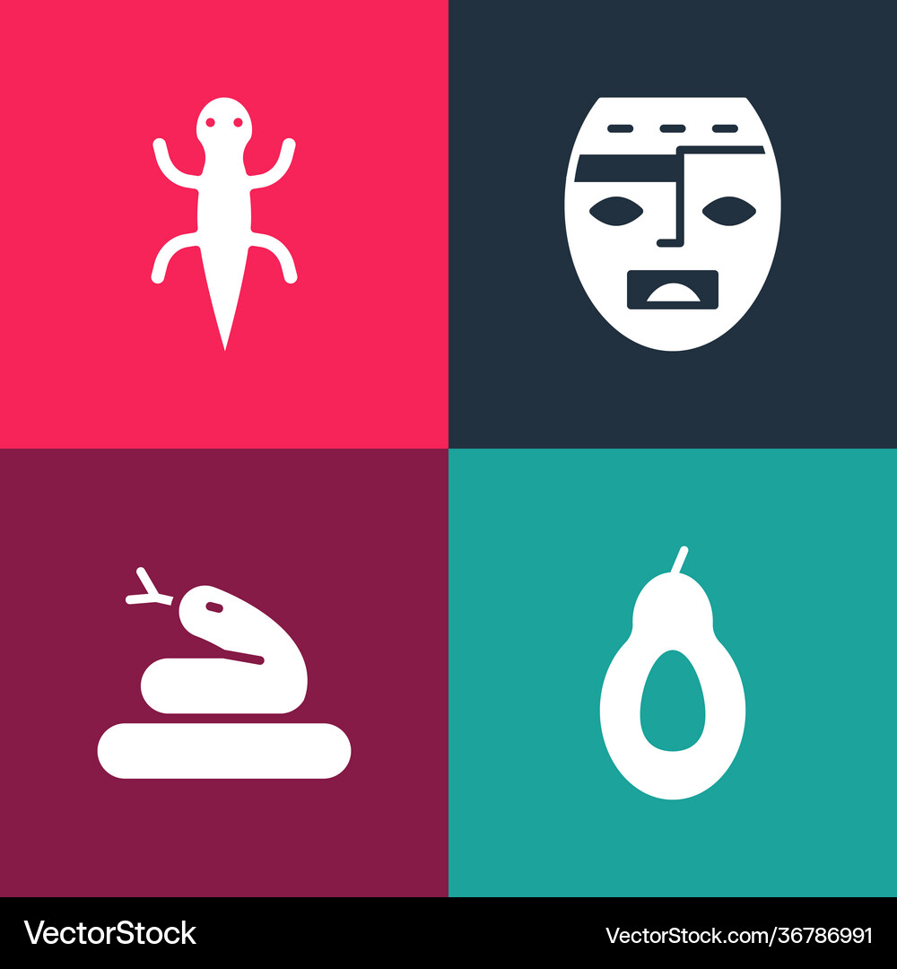 Set pop art avocado snake aztec mask and lizard Vector Image