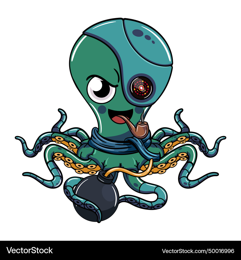 Cartoon evil octopus cyborg character smoking a Vector Image