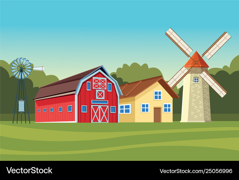 Farm barn and windmill wind turbine Royalty Free Vector