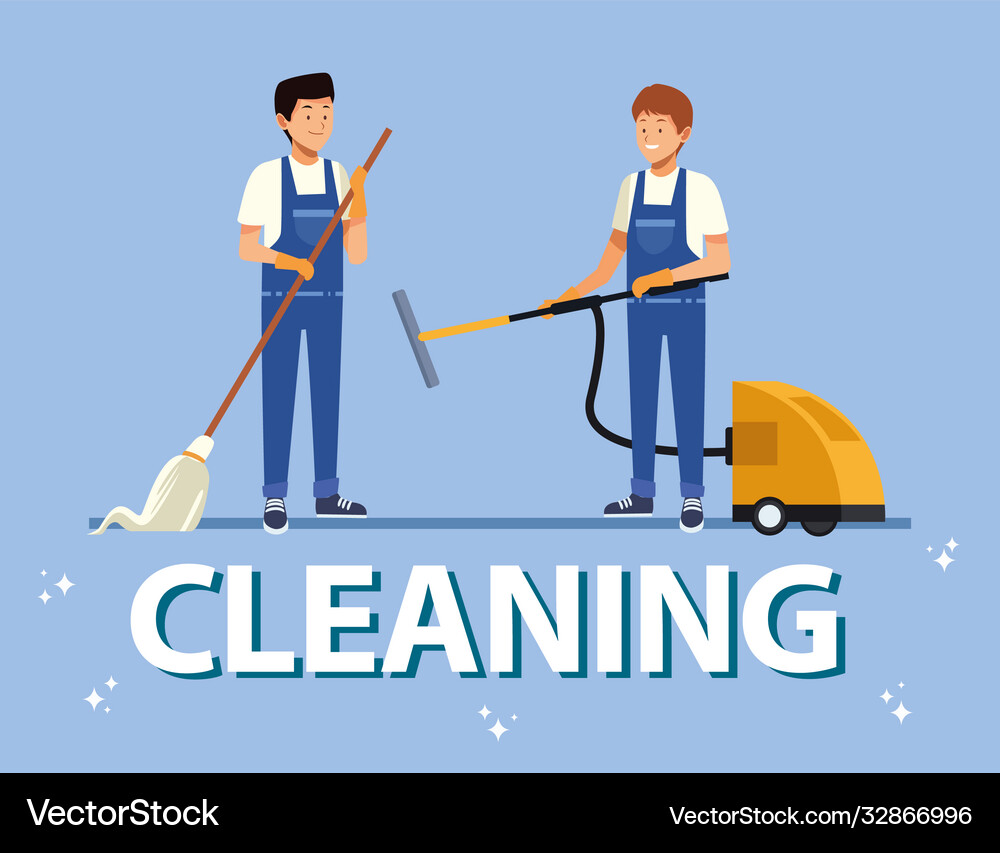Housekeeping team male workers with equipment Vector Image