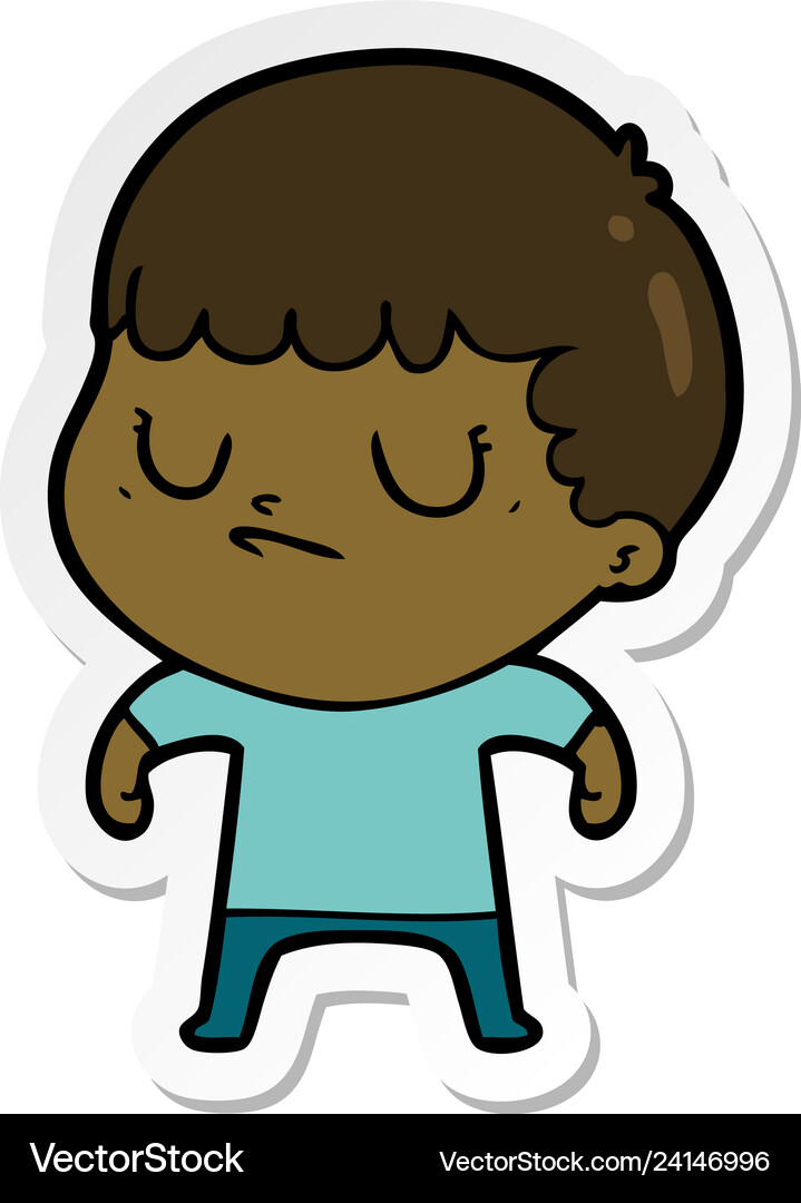 Sticker of a cartoon grumpy boy Royalty Free Vector Image