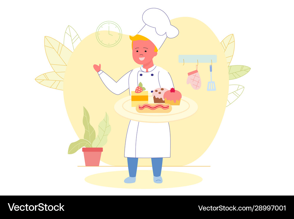 Boy cook chef in white uniform with sweets on tray