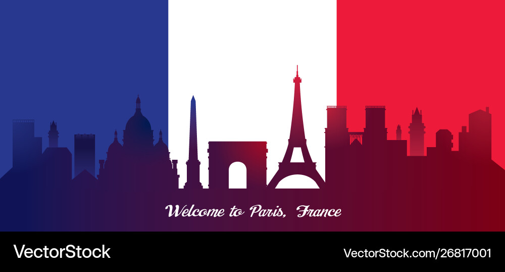 France flag with landmarks skyline background Vector Image