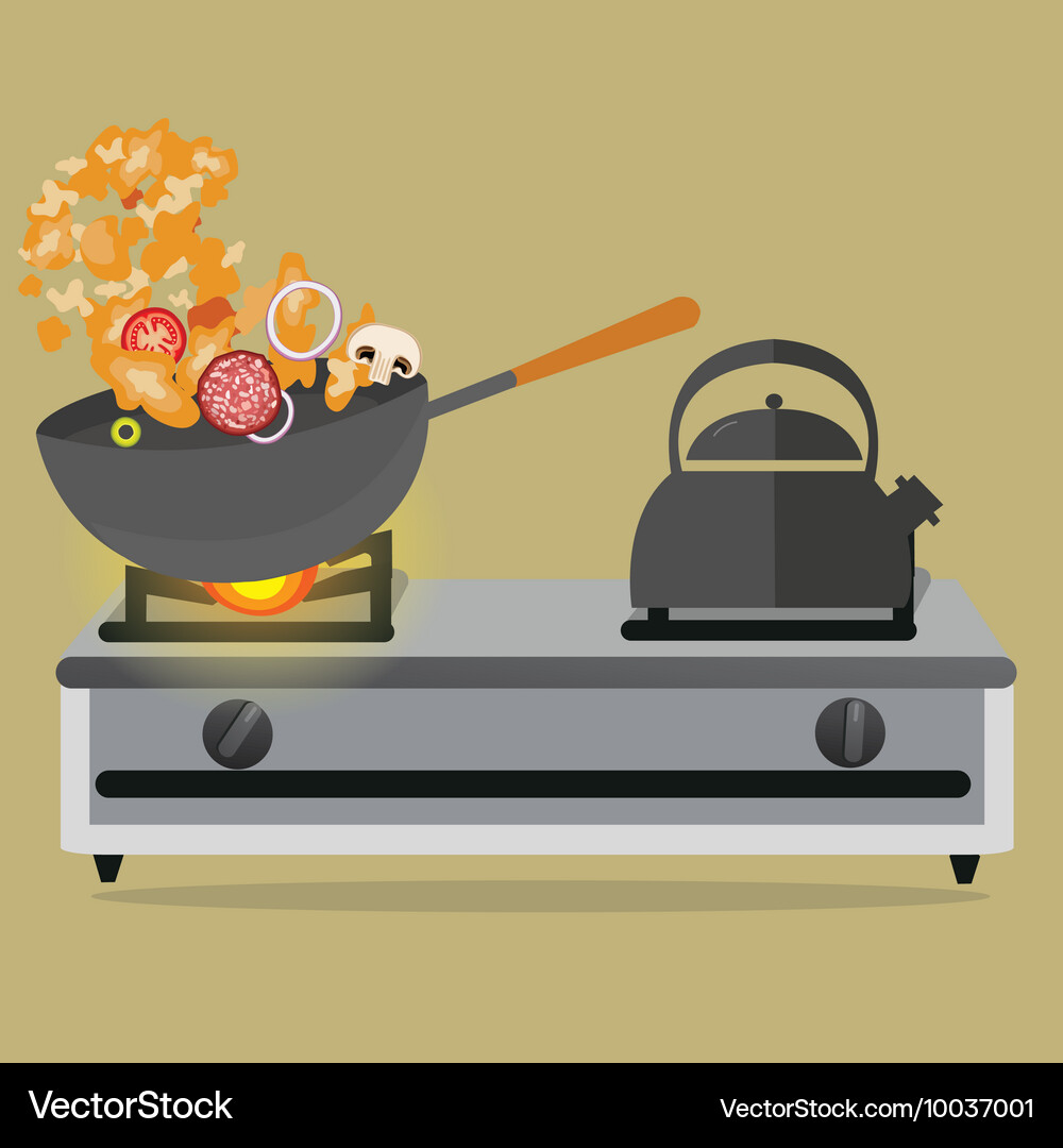 Frying pan cooking stirred vegetable and meat Vector Image